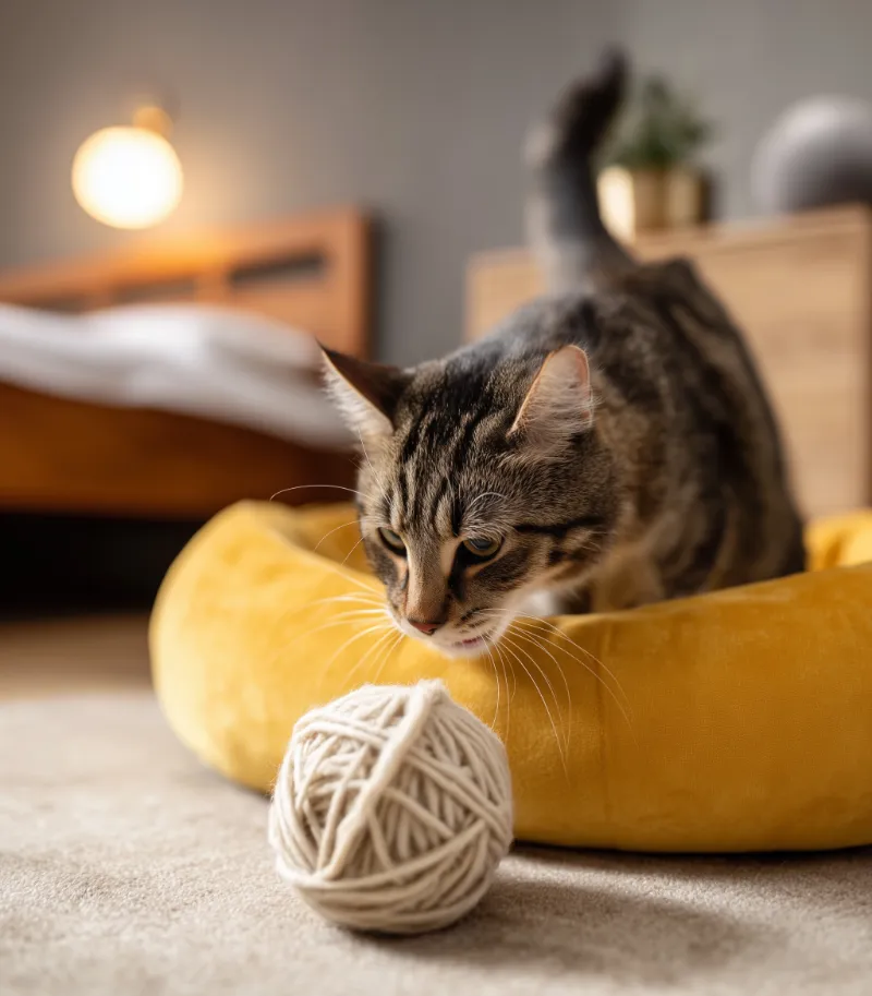 Tabby cat sniffing yarn on yellow pet bed | Stock Image & Design Asset ...